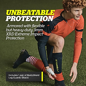 Storelli BodyShield Leg Guards, Premium Compression Shin Guard Sleeves for Soccer Players, Impact Protection, UV-Resistant, Sweat-Wicking, Unisex, 1 Pair, Black, Youth Medium