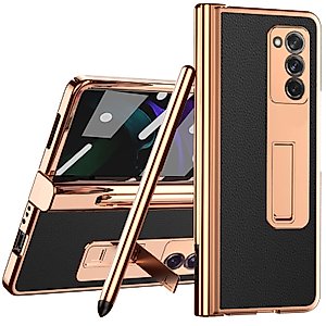 Miimall Compatible for Samsung Galaxy Z Fold 2 Case with S Pen Holder, S Pen+Screen Cover+Kickstand+Leather Pattern Plating All-Inclusive Hinge Protection Case for Galaxy Z Fold 2 (Black)