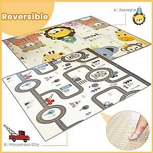 Baby Play Mat, Extra Large Folding Baby Crawling Mat, Waterproof Reversible Playmat Foam Non Toxic Anti-Slip Portable Kids Play Mat for Infant, Toddler (Animal World, 70in*78in*0.4in)