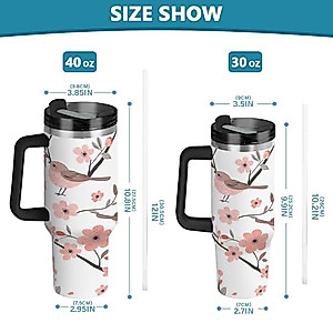 FRCSDIY Birds and Flowers Insulated Tumbler with Handle and Straw Lid,40oz Leakproof Stainless Steel Cup BPA-Free Water Bottle