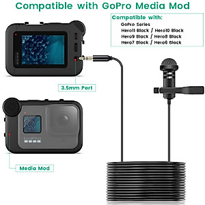 weishan Media Mod Mic for GoPro HERO11 10 9 Black Action Camera, Lavalier Lapel Videomic Clip-on Microphone Compatible with GoPro Pro 3.5mm Mic Adapter for Vlogging, 5ft