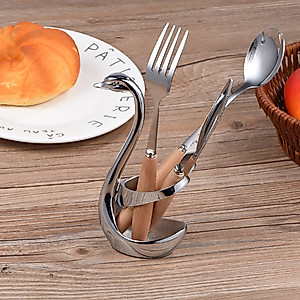 Coffee Spoon Set, Silver Swan Base Holder Stainless Steel Dessert Spoon and Fork Set Stand Organizer for Dinner Table Kitchen Decorative (Heart-shaped)