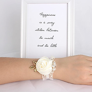 WANLIAN Rose Wrist Corsage Peal Diamond Boutonniere Gold Leaf Wrist Flower for Bride Bridesmaid Prom Wedding Ceremony Anniversary Set of 2(ivory)