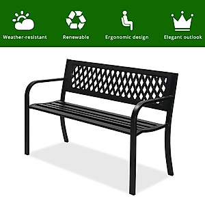 VINGLI Outdoor Bench Porch Bench Patio Metal Garden Bench w/PVC Back, Steel Black Outdoor Bench Park Bench for Yard Lawn Decor Deck Entryway