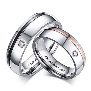 Ashleymade Personalized Couples Rings Set for Him and Her Promise Rings for Couples Free Engraving Stainless Steel Engagement Rings for Couples Valentines Day Jewelry (Ring set)