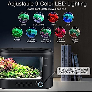 AQQA Aquarium Kit 1.8 Gallon Small Betta Fish Tank with Adjustable LED Lighting (9 Colors) Internal Filter Pump and Air Purification Aromatherapy Function for Home Office (Black)
