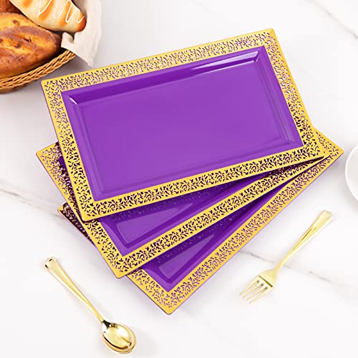 U-QE 8 Pack Rectangle Plastic Serving Tray - Purple & Gold Rim Disposable Serving Trays and Platters for Food - Platters for Serving Food - Party, Wedding, Dessert Table, Cupcake display - 13x8 inches
