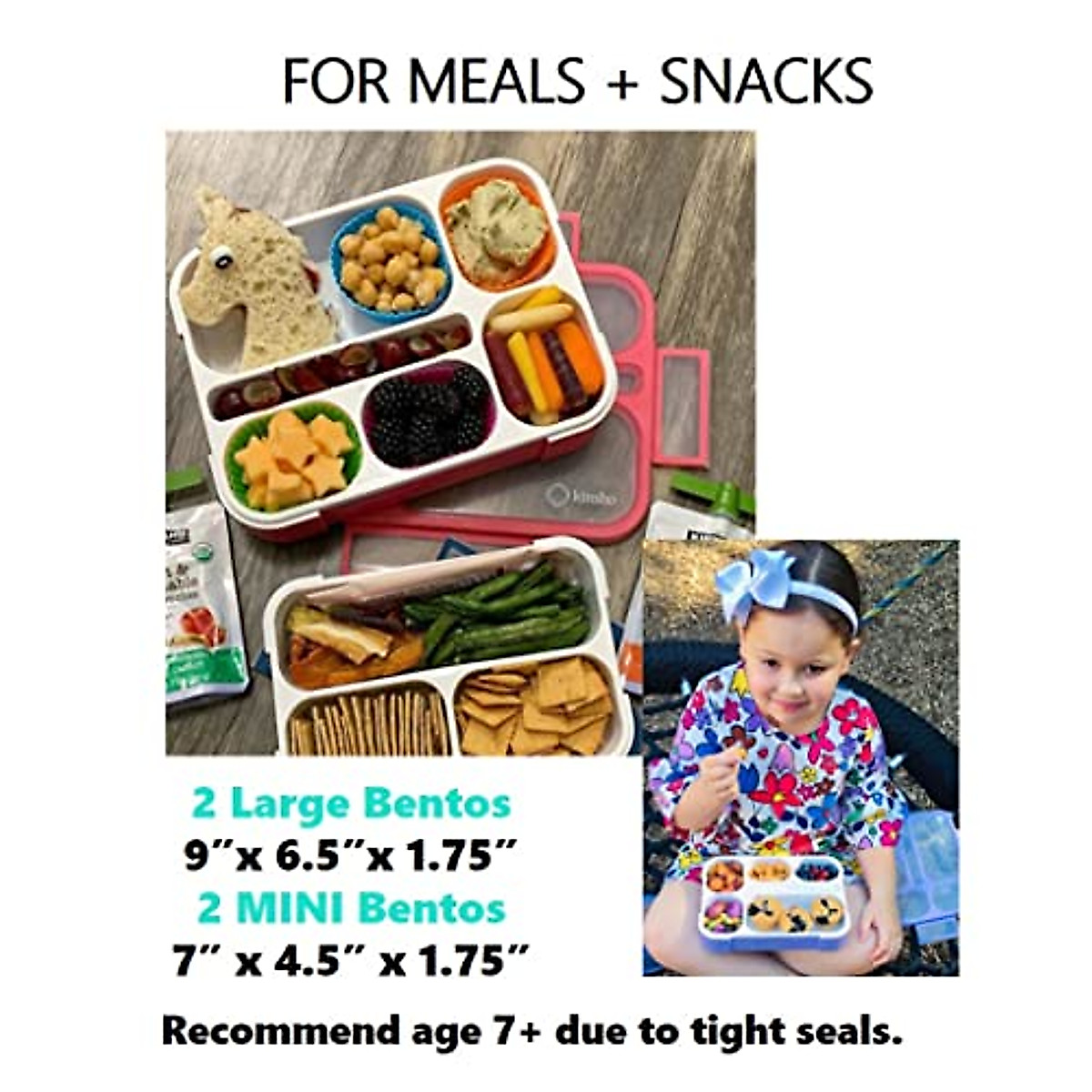 kinsho Bento Box Lunch Boxes and Snack Containers, Value Pack for Kids Girls Boys | Leakproof Portion Boxes for School Pre-School Toddler Daycare Travel, BPA Free | Set of 4, Pink Purple