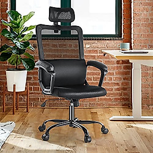 SMUG Ergonomic Mesh High Back Computer Adjustable Headrest,Lumbar Support, Tilt Function,Swivel Rolling, Soft PU Armrest Task Home Office Desk Chairs, Black