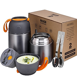 MAXSO 2 Pack Vacuum Insulated Food Jar Hot Food Containers for Lunch School Soup Thermos For Kids,Travel Food Flask Hot Cold (24oz,17oz) (Grey)