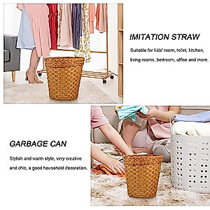 1pc Wood Basket Round Wicker Trash Can Wastebasket Handwoven Waste Paper Bin Rubbish Bin Trash Container for Bedroom Kitchen Bathroom Office Khaki Wicker Waste Basket for Home