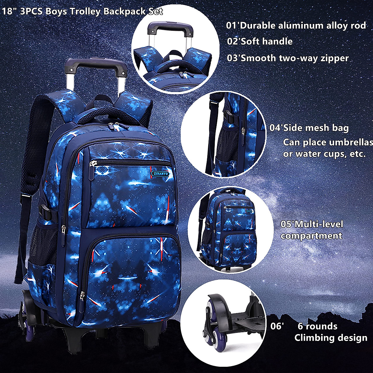 Egchescebo 18" School Kids Rolling Backpack for Boys With Wheels Trolley Wheeled Backpacks for Boys Students Travel Bags Adults Backpack With Lunch Box Pencil Bag 3PCS Blue