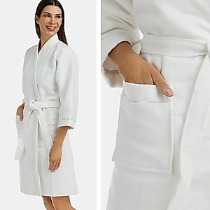 Fishers Finery Women's Cotton Modal Waffle Kimono Resort Spa Robe; Absorbent Above Knee Length Bathrobe with Pockets; Lounge and Sleepwear Essentials (White, XS)