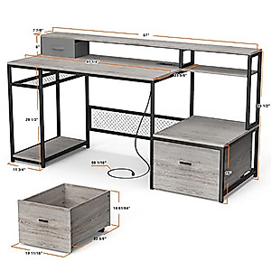 AYEASY Home Office Desk with Monitor Stand Shelf, 66 inch Large Computer Desk with Power Outlet and USB Charging Port, Computer Table with Drawers and Storage Shelves, Study Writing Desk, Wash Gray