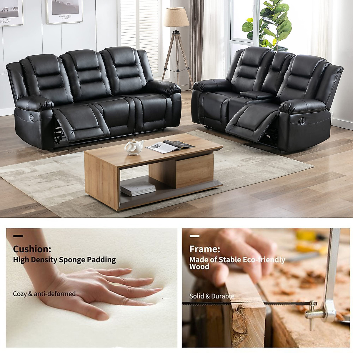 KAZIO Manual Leather Recliner Sofa Set, Living Room Furniture Set,Leather Sofa Set and Recliner Couch for Home/Office