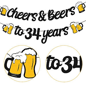 34th Birthday Decorations Cheers to 34 Years Banner for Men Women 34s Birthday Backdrop Wedding Anniversary Party Supplies Black Glitter Decorations PRE STRUNG