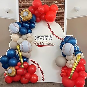 Rookie of the Year 1st Birthday Decorations 144PCS Baseball Balloon Arch Garland Kit Red White Sand Navy Blue with Baseball Glove, Exploding Star Balloon for Baseball Sports Birthday Decorations