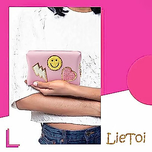 LieToi Preppy Patch Small Toiletry Bag Smile Lightning Heart PU Leather Portable Waterproof Makeup Cosmetic Bag Daily Use Storage Purse Travel Organizer Compliant Bag for Women Girls Gift (Pink)