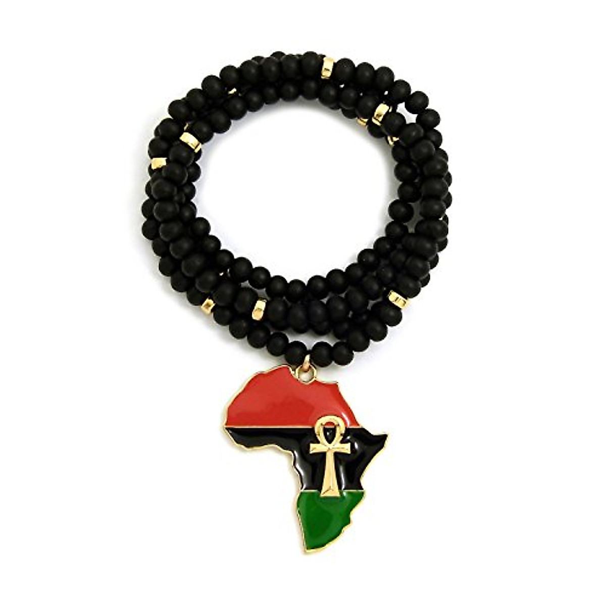CBC Crown Pan African Colored Africa Map Continent Pendant on 26"/30" Wooden Bead Necklace in Gold or Silver Tone (30" - Black & Gold, Gold Ankh)