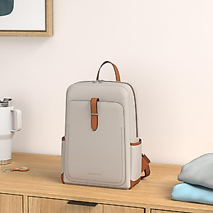 BOSTANTEN Leather Laptop Backpack for Women,15.6 inch Computer Backpack Purse College Daypack Work Travel Bag Beige-White