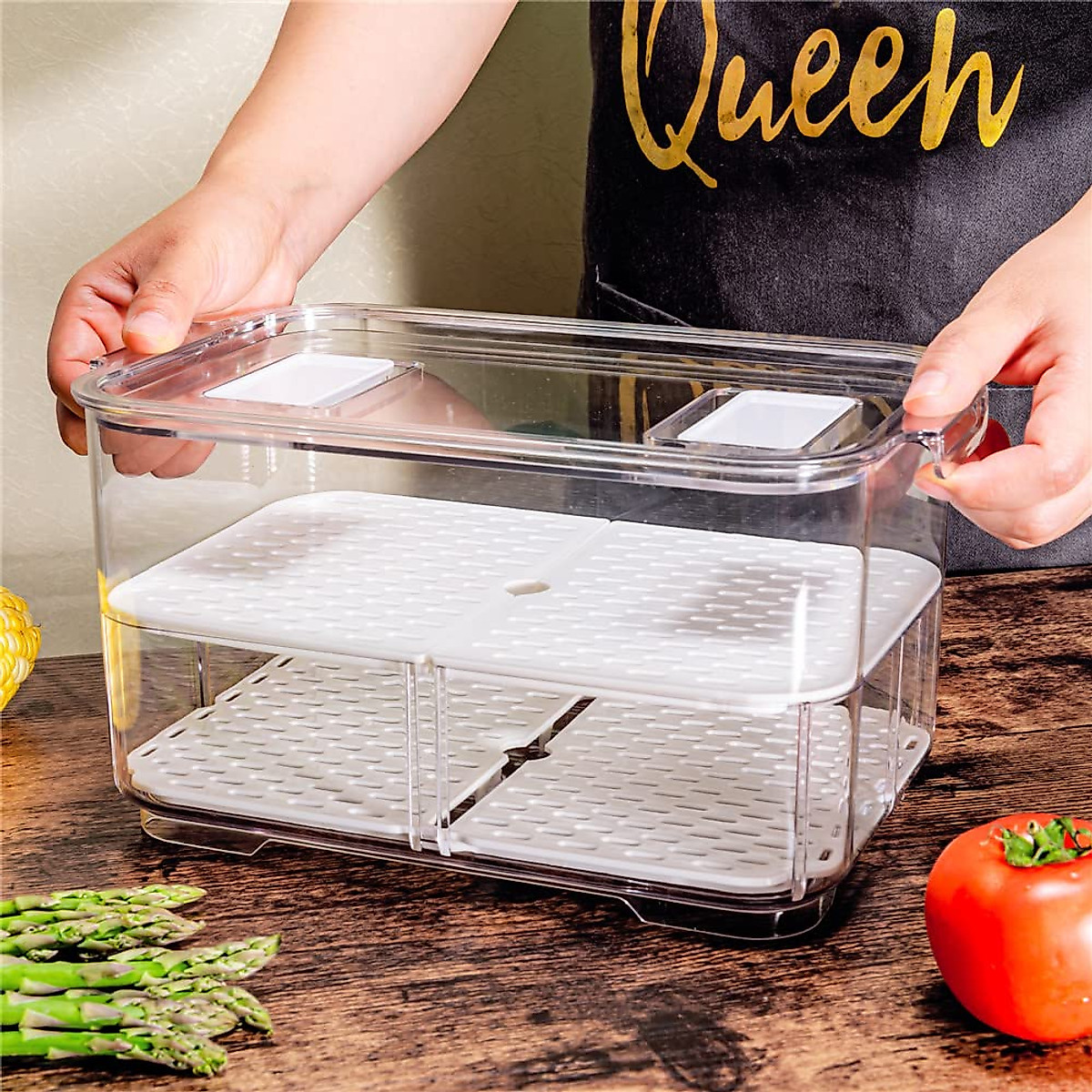 SANNO Fridge Produce Saver Storage Vegetable Fruit Containers Food Produce Saver Container Stackable Refrigerator Organizer Bins Fresh Keeper Drawers Organizer, Set of 4