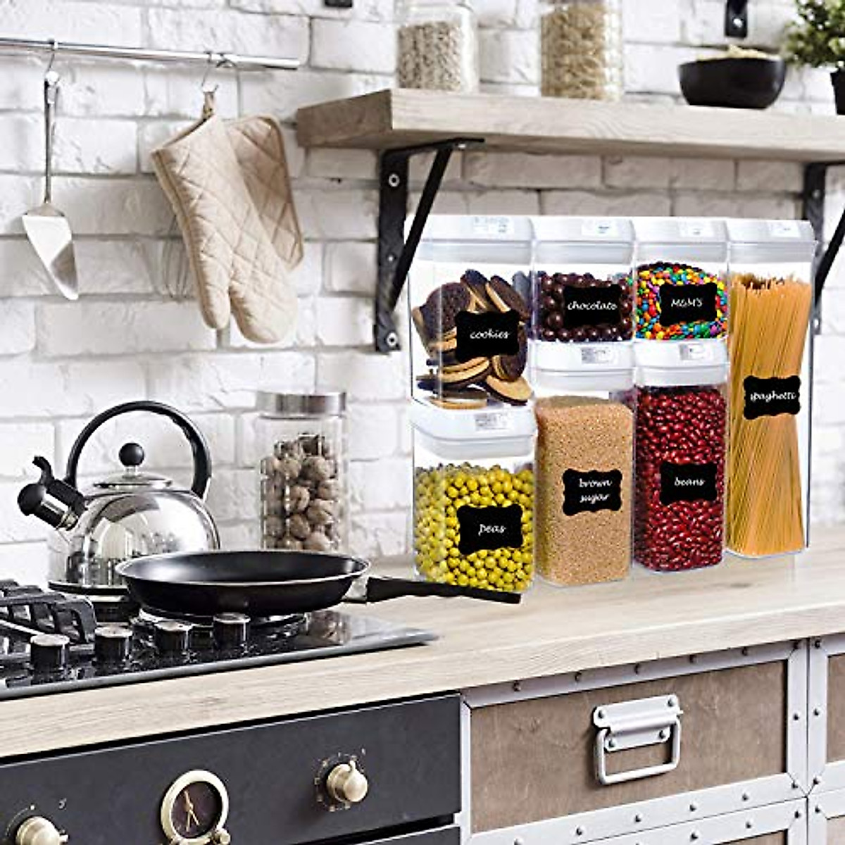 Kitchen Logic Airtight Food Storage Containers with Lids, Easy To Lock, Kitchen Pantry Organization and Storage Canister Set for Cereal, Pasta, Plus Labels, Marker, BPA-Free, 7 Piece Set (White Lids)