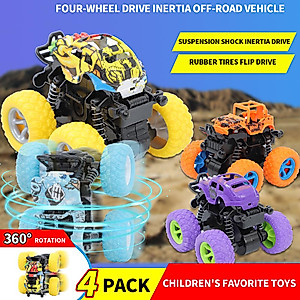 4-Pack Friction-Powered Monster Trucks with 360-Degree Rotation, Durable Toys for Boys and Girls Ages 3-12