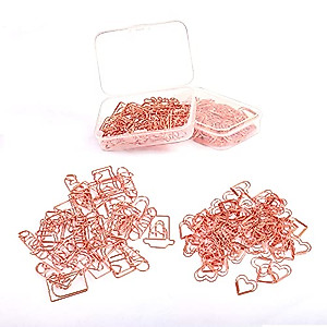110 Pcs Rose Gold Cute Paper Clips Assorted Sizes and Shapes of Heart, Love, Letter, Book and Coffee Cup Small Bookmark Clips for School Office Home Wedding Women Girls Students Stainless Steel