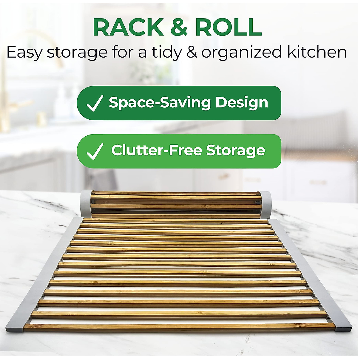 AIRNEX Bamboo Sink Drying Rack, Roll Up Dish Drying Rack Over The Sink Kitchen, Wooden Over The Sink Drying Rack for Kitchen Sink, Roll Out Sink Drainers, Kitchen Sink Accessories (17 x 12 in)