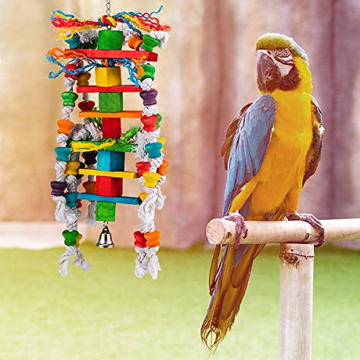 MEWTOGO Bird Parrot Chewing Toys- Multicolored Natural Wooden Knots Blocks Waterfall Bird Tearing Entertaining Toys Suggested for Conures Cockatiels African Grey Foraging and Amazon Parrot