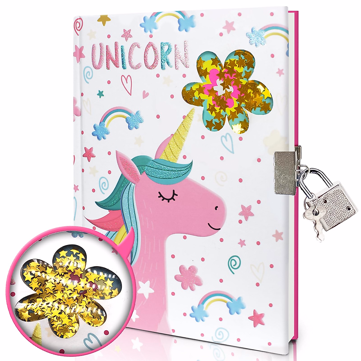 GINMLYDA Girls Diary with Lock for Kids, Unicorn Diaries 7.1x5.3 160 Pages Cute Girl Journal Secret Notebook with Lock and Key for Little Kid Writing Drawing Gift for Pre school Age 6,8,12