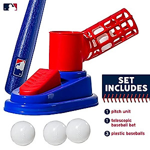 Franklin Sports Kids Baseball Pitching Machine - Pop A Pitch Baseball Batting Machine with Youth Bat + 3 Plastic Baseballs - Boys + Girls Baseball Toy,Red/Blue