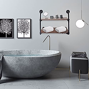 Industrial Pipe Floating Shelves,31inch Wall Mount Hanging Book Shelves with 2 Wooden Boards Planks in Rustic Brown Wood Finish Farmhouse Style