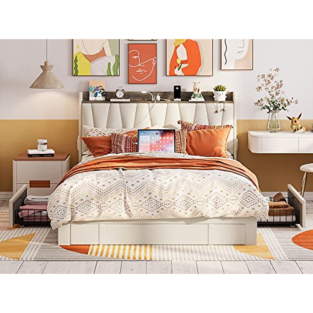 ANCTOR Full Size Bed Frame with 3 Drawers, Upholstered Platform Bed with Storage Headboard and Charging Station, No Box Spring Needed, Easy Assembly