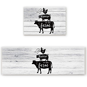 Rooster Pig Cow Kitchen Rug Sets of 2, Washable Carpet for Kitchen Floor, Non-Slip Kitchen Mat Set, Absorbent Area Rugs 15.7x23.6inch+15.7x47.2inch, Farm Animals Life Is Better on the Farm on Wooden