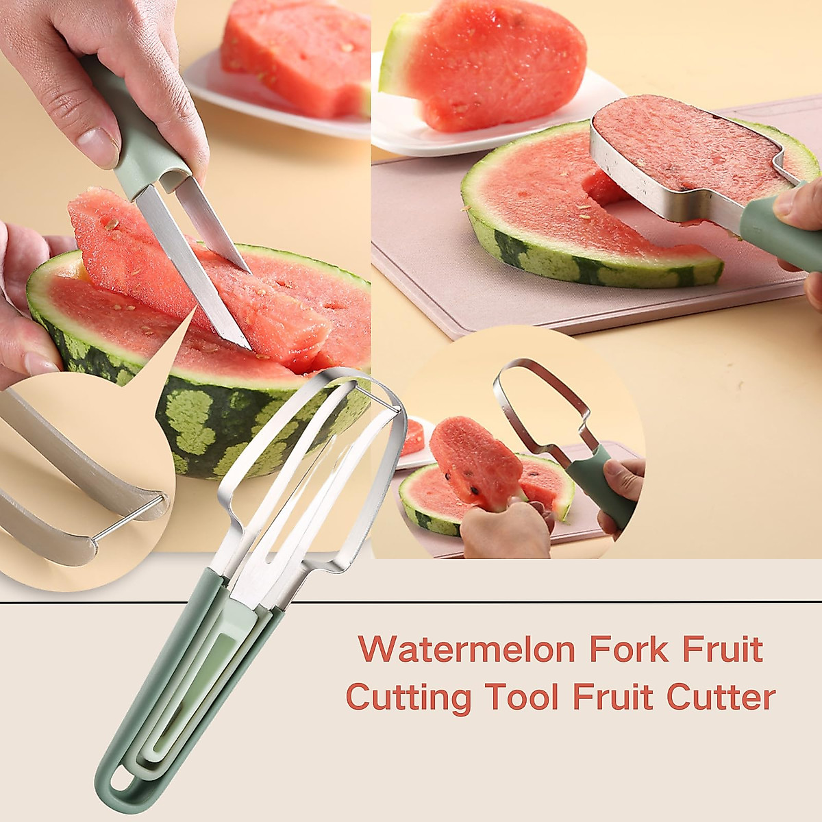 3 In 1 Watermelon Fork Slicer Cutter,2024 New Portability Watermelon Cutter Slicer Tool, Stainless Steel Watermelon Fruit Knives, Portability Knife Fruit Fork for Camping Kitchen Gadgets (1PCS)