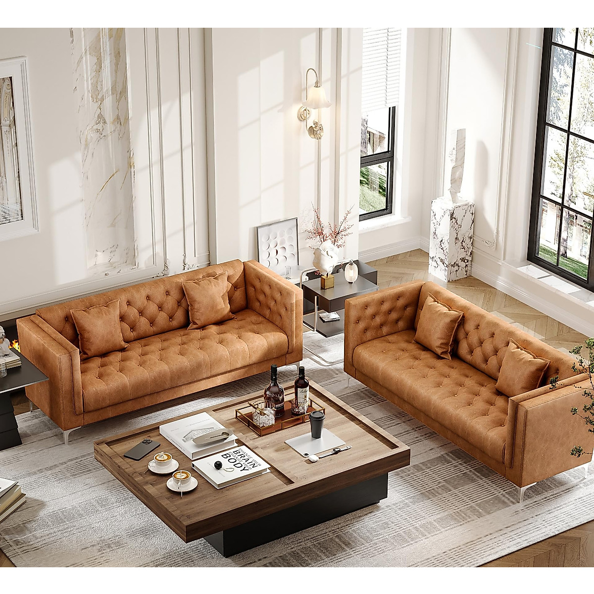 HIFIT 2 Piece Sofa Set for Living Room, Modern Sofas Couches with 2 Pillows, Button Tufted Couch with Extra Deep Seats, 3 Seat Sofa for Apartment Lounge, Brown