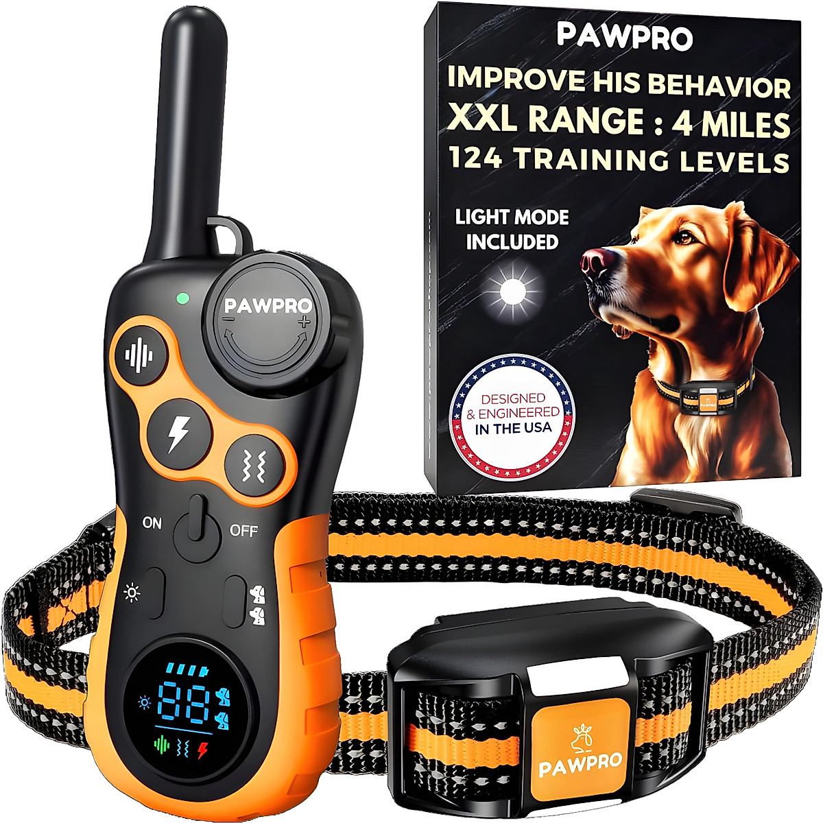 Dog Shock Collar with Remote, Unmatched 4-Mile Range, Night-Light Mode, Training Guide Included, 124 Training Levels & 4 Modes, Beep Vibration Shock, Waterproof Rechargeable, Fits All Dogs, US Tech