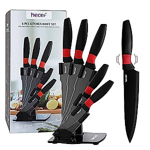 hecef Black Kitchen Knife Set with Adjustable Acrylic Stand, 6 Pcs Ultra Sharp Knives Set with Block, Ergonomic Handle Massage Design, Basic Knife Set for Chef Cutting Cooking