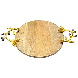 Robalo Acacia Wood Round Serving Tray with Metal Handles, 25cm Width, Brown