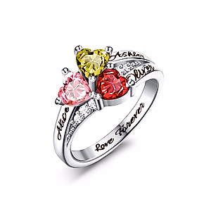 Jewenova S925 Sterling Silver 3 Birthstones Ring with Name Custom Mom Ring with Birthstone Personalized Gift for Mother Grandmother
