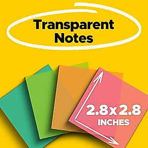 Post-it Transparent Notes, 2.8 in. x 2.8 in., Blue, Pink, Green and Orange Sticky Notes, School Supplies, Office Products, Great for Studying, 8 Pads