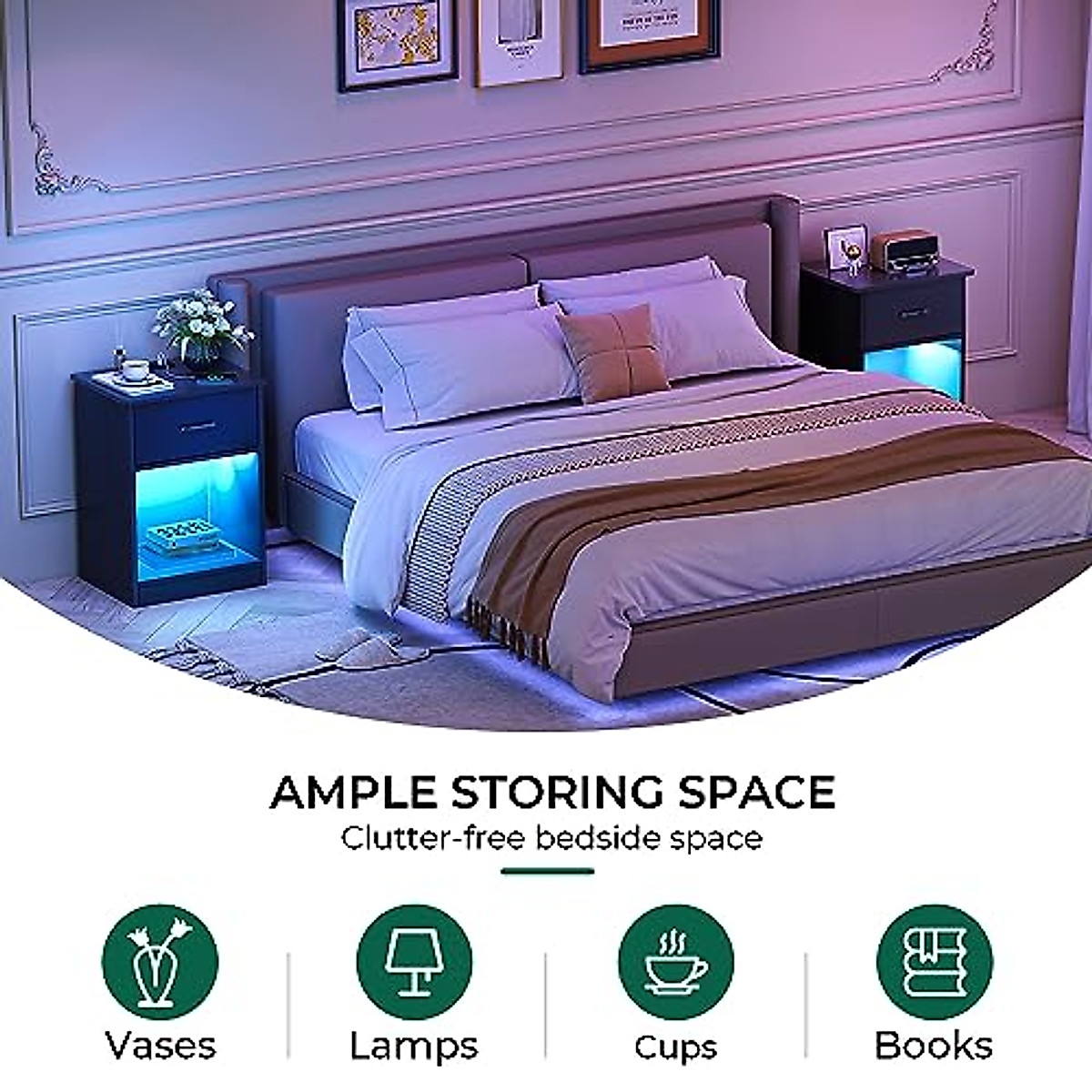 SUPERJARE L Shaped Desk with Drawers & Shelves and Nightstands Set of 2 with Charging Station & LED Light Strips, Black