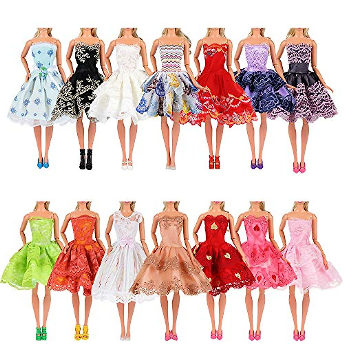 BARWA 5 PCS Fashion Mini Short Party Dresses Clothes and Accessories 5 Shoes 5 Hanger for 11.5 Inch Girl Doll