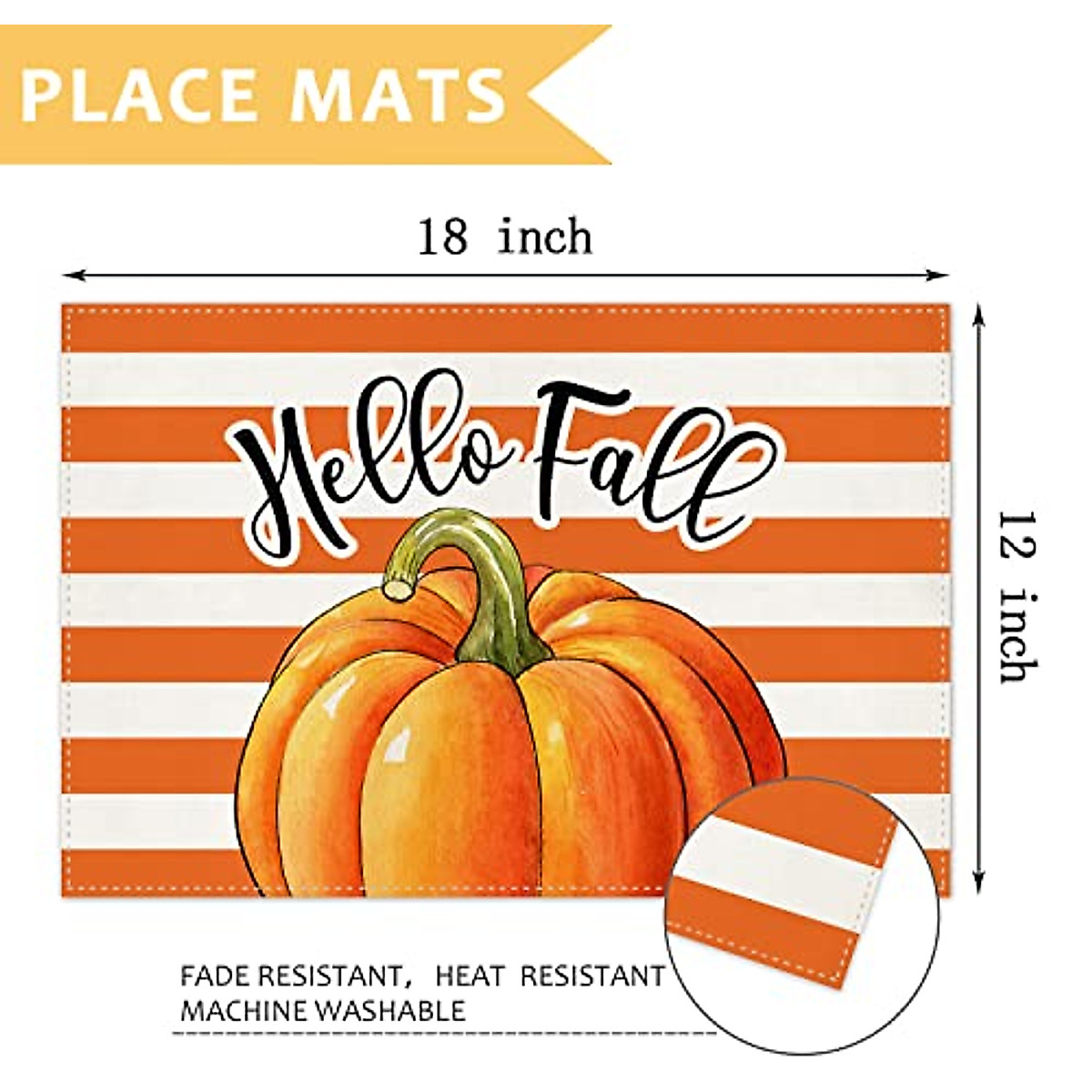 Fall Pumpkin Gnomes Placemats for Dining Table, 12 x 18 Inch Autumn Sunflower Bicycle Thanksgiving Seasonal Holiday Decoration Rustic Washable Table Mats Set of 4