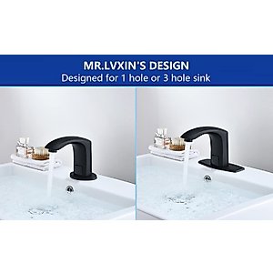 BODQEMR Automatic Sensor Touchless Bathroom Sink Faucet Black Single Hole Hands-Free Battery Powered Solid Brass Faucet with Deck Plate, Control Box and Temperature Mixer