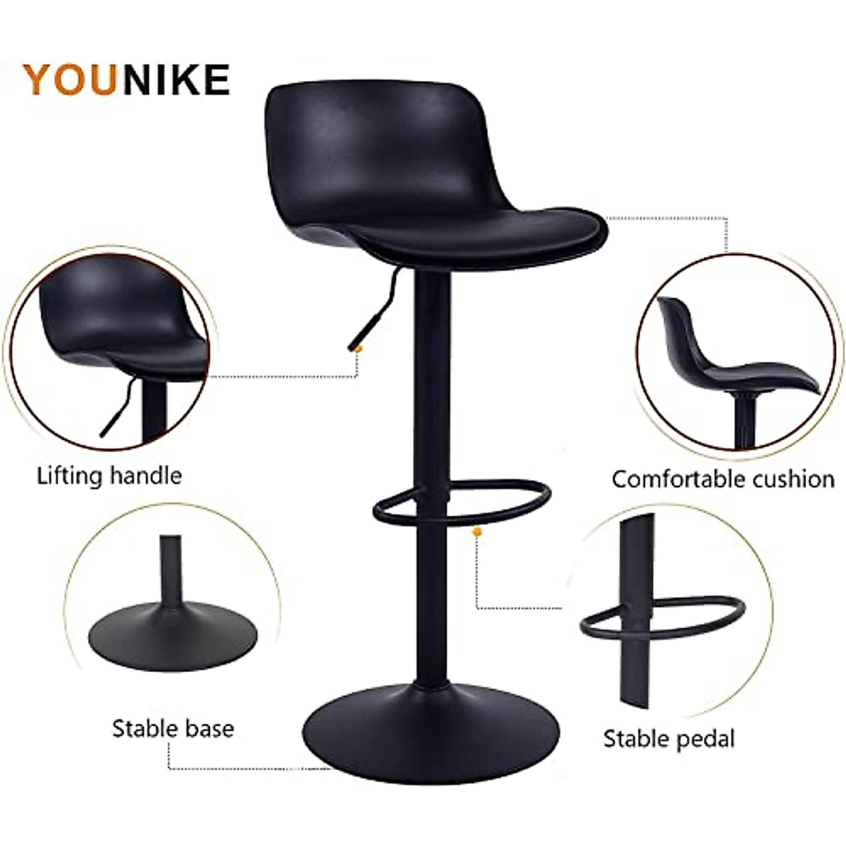 YOUNIKE Bar Stools Set of 2 Modern Black PU Counter Height Barstool, High Padded Adjustable Swivel Barstools with Back for Bar Counter and Kitchen Island