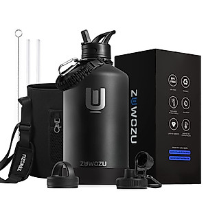ZUWOZU 1 Gallon Water Bottle Insulated, 128oz Large Stainless Steel Water Bottles with Straw, Spout & Handle Lid, Big 1 Gallon Water Jug with Carrier Bag w/Strap, Perfect for Hot&Cold Drinks,Black