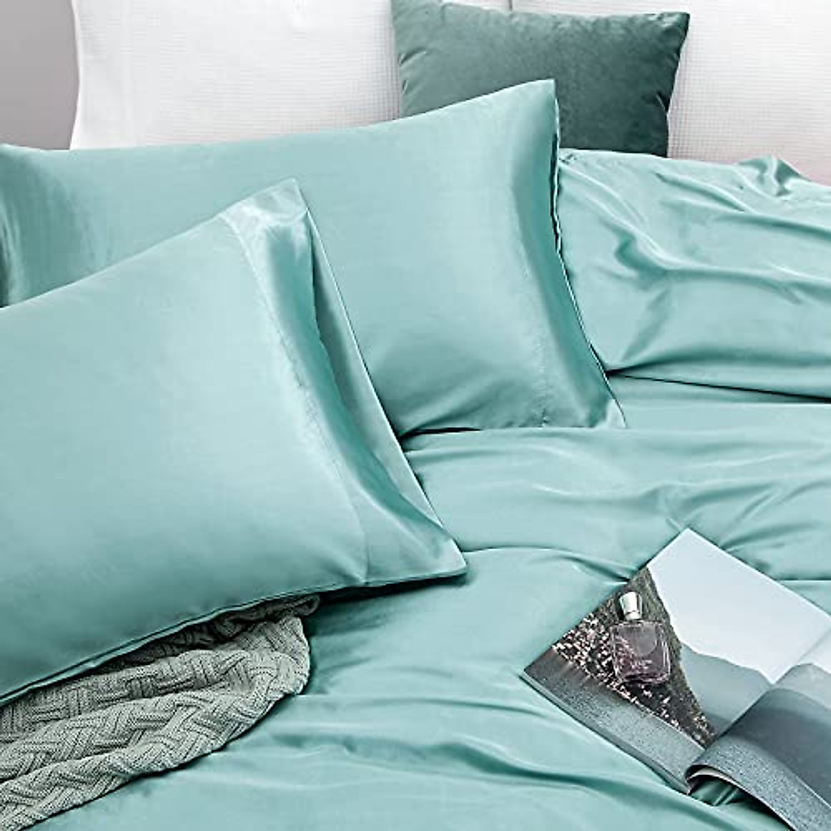 Cotton Home Depot California King Size Soft Satin Silk Bed Sheets Aqua Satin Silk Sheet Set, 12" Deep Pocket Fitted Sheet + 1 Flat Sheet + 2 Pillowcases