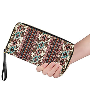 Wanyint Navajo Wrist Strap Wallet for Women Girls Native American Handbag Men's Long Clutch Cell Phone Case Boho Southwestern Aztec Tribal Stripe Ethnic Geometric Green Red Zipper Card Holder